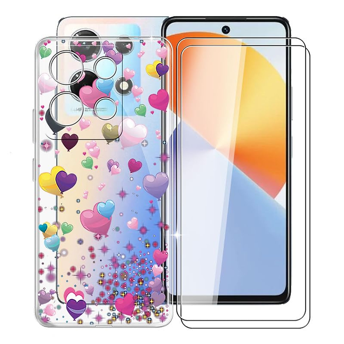 KJYFOANI for Infinix Note 30 Case with 2 x Tempered Glass Screen Protector, Transparent Shockproof Solf Silicone Protection Case for Infinix Note 30, Case for Women Men, (6.78") - Pink Balloon