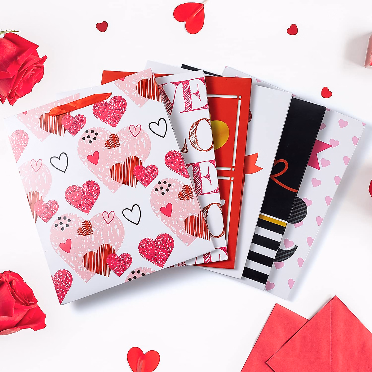 JOYIN 12 Pcs Valentines Day Paper Gift Bags with Handle 13x10.5 inch, Elegant Coated Art Paper Wrapping Bags Cardboard Bags for Valentine’s Day Party Favors Funny Gift Exchange Novelty Gift Giving Gift Wrapping