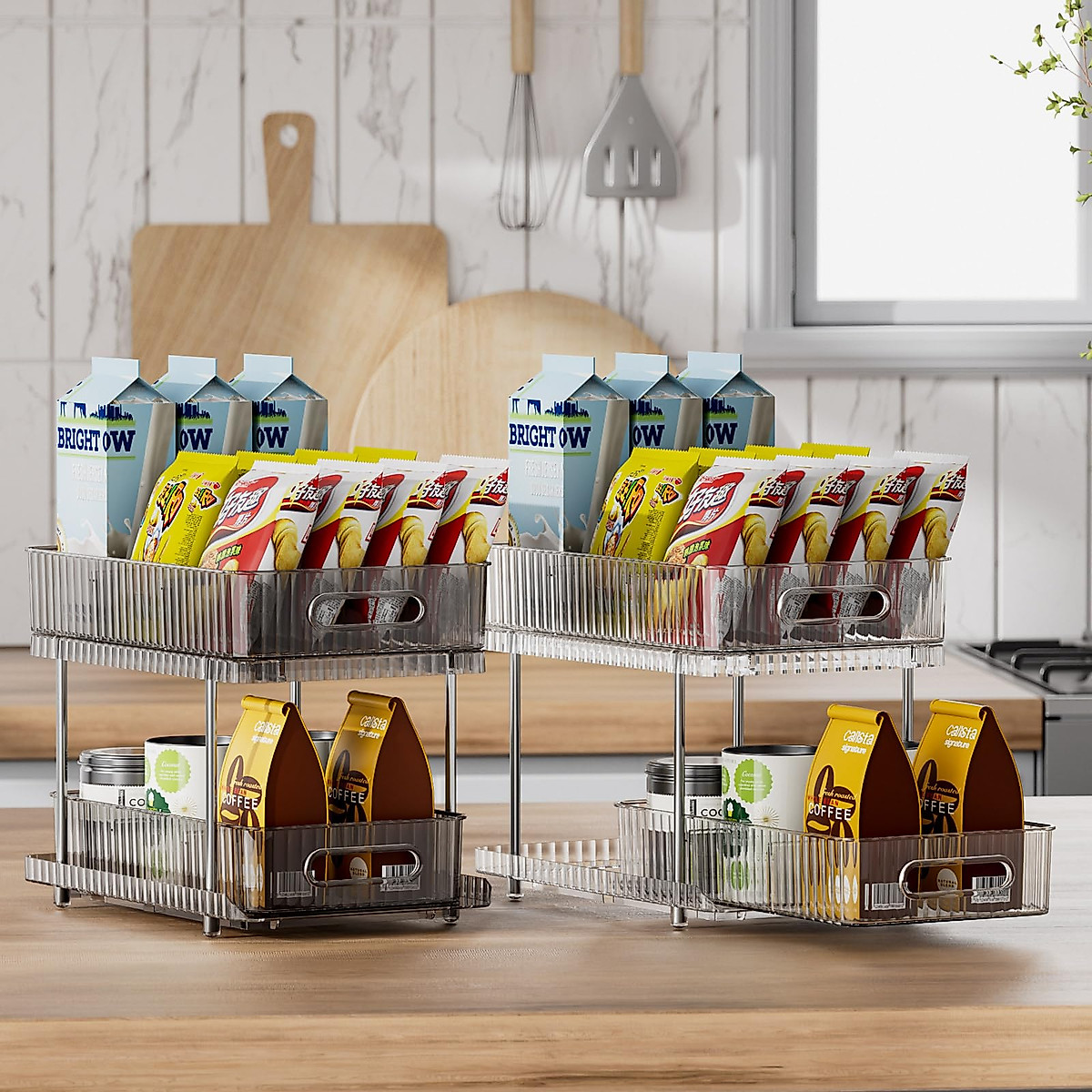 Sellemer Under Sink Organizer: Sliding Kitchen Bathroom Cabinet Organizer, Pull Out Medicine Pantry Organizer with 8 Movable Dividers, 2 Pack Grey and Clear