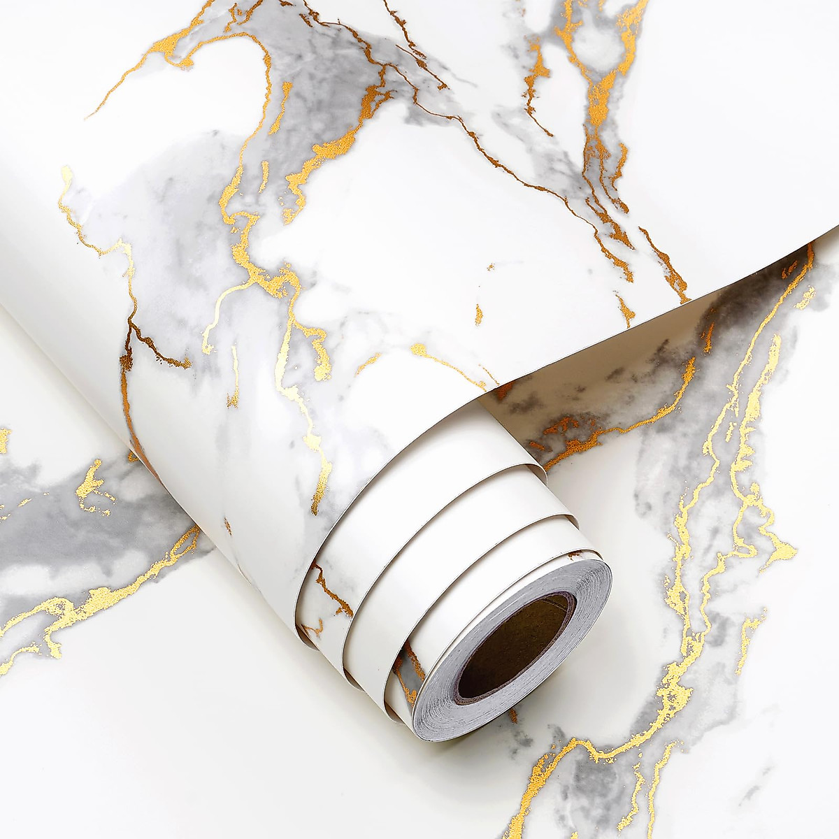FunStick 24"x200" White Gold Marble Contact Paper for Countertop Contact Paper Peel and Stick Countertops for Kitchen Wallpaper Waterproof Self Adhesive Marble Wallpaper for Cabinets Table Desk Walls