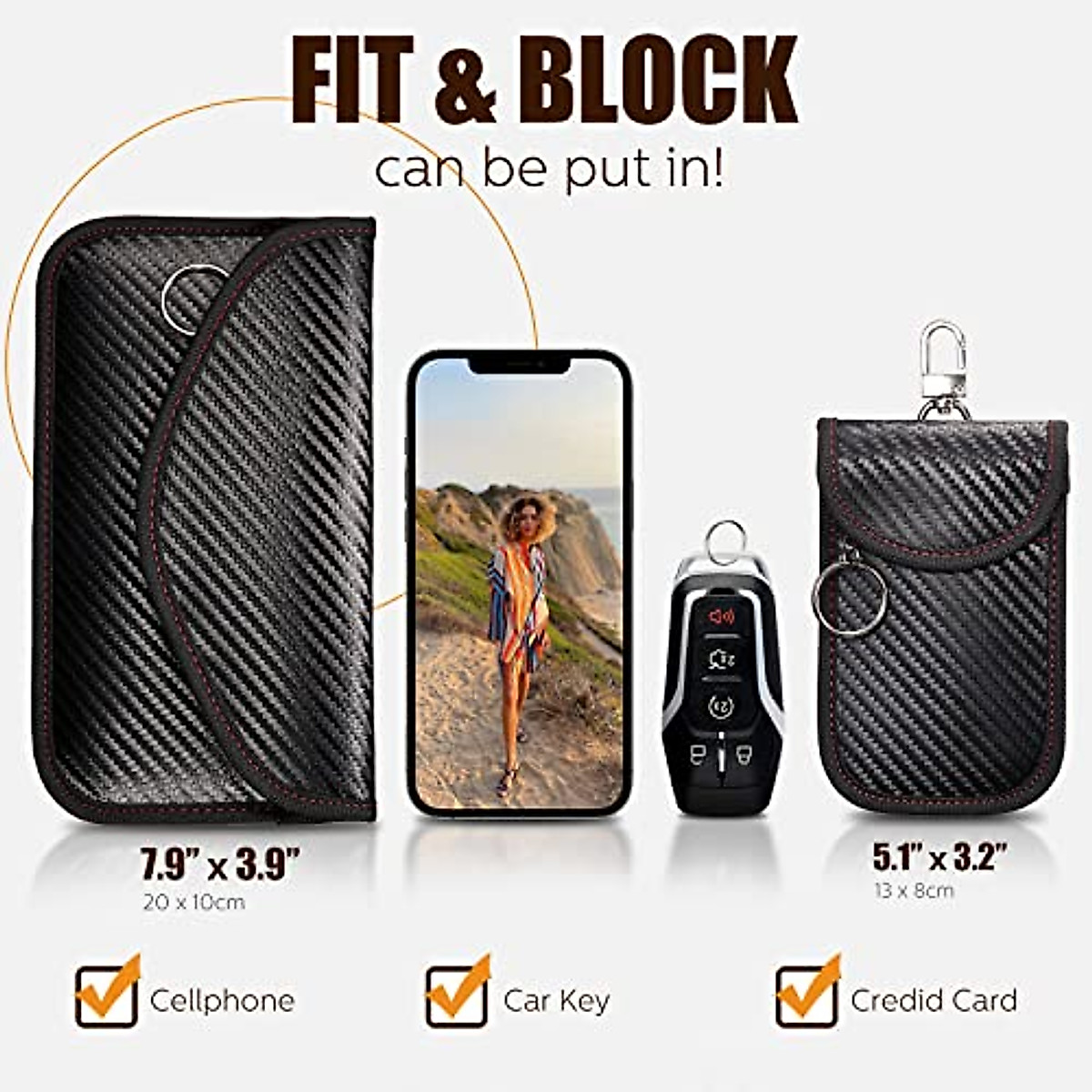 4 Pack Faraday Bags for Key Fob Cell Phone Faraday Cage Protector Anti Theft Key Case Keyless Signal Blocking Key Pouch Remote Entry car RFID Blocker, 2 Sizes(Black, Red,Carbon Fiber Textured)