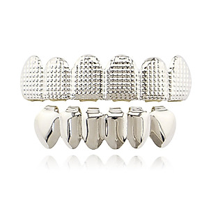 OOCC 18k Gold Plated Grills Hip Hop Teeth Grillz Caps Top and Bottom Set for Your Teeth (Silver)