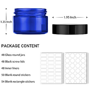 Bumobum 1 oz Blue Glass Jars with Lids, 48 pack Clear Small Jars with Black Lids, White Labels & Inner Liners, Empty Round Cosmetic Containers for Cream, Lotion