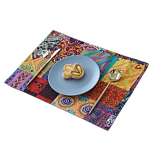 MULHUE Set of 4 Cotton Linen Woven Placemat, Boho Bohemian Ornament Geometric Patch Printed Washable Dining Table Mats,12.5 in x 17.7 in