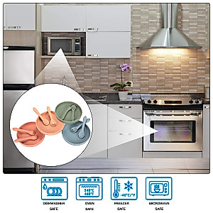 TOPGOMES Silicone Suction Plate, Comes with Soft Spoon Fork | Stay Put Baby Feeding Dishes for Kids and Infants | BPA Free, 100% Food-Grade Silicone, Non-Slip Design (Ether)