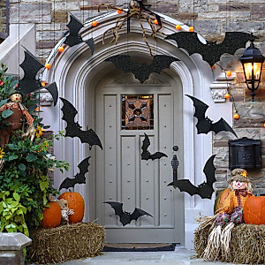 24Pcs Black Hanging Bats Halloween Decorations Outdoor, Flying Bats Hanging Halloween Decorations for Hanging in The Tree, Porch, Yard, Lawn, Indoor
