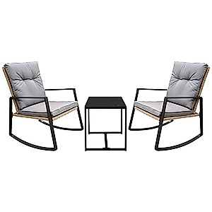 YIYAN 3 Piece Bistro Set Outdoor Patio Rocking Wicker Chairs with Washable Cushion and Coffee Table (Gray)
