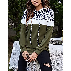 Bluetime Women Pullover Sweatshirt with Pocket Color Block Long Sleeve Fall Tops Shirts Leopard Hoodies (XL, Leopard Olive Green)