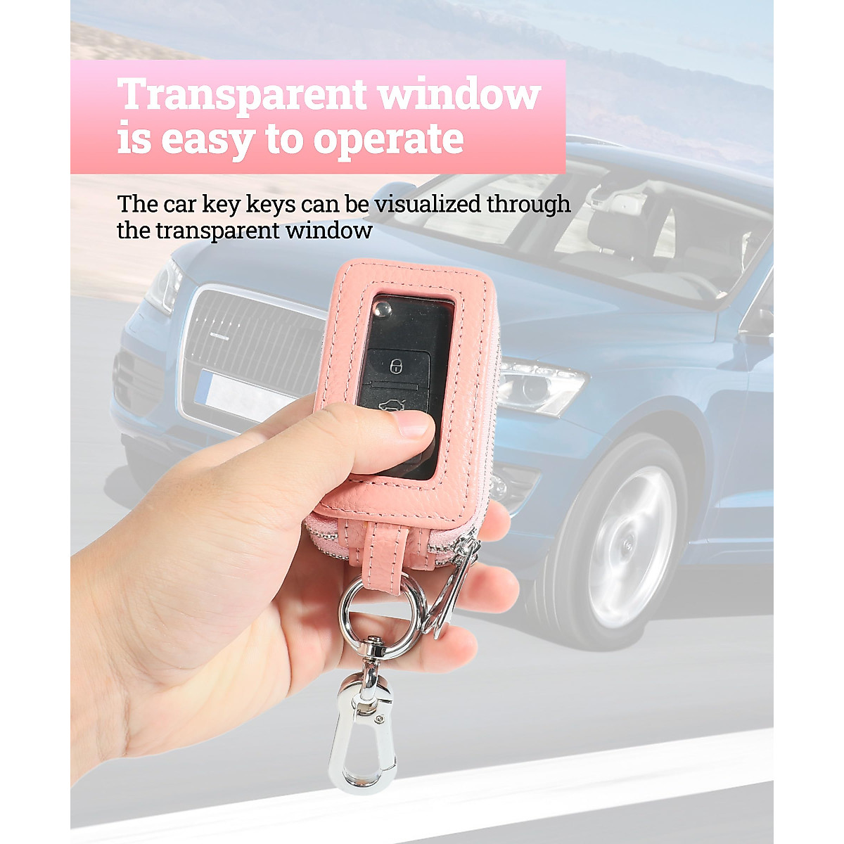 Zlirfy Car Key Cover,Car Key Holder,Leather Car Key Fob Case,Car Accessories Key Fob Protector,Vehicle Remote Key Fob,Car Key Holder Keychain Ring Case Bag (Pink)