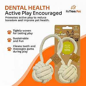 ReThink Pet Eco Cotton Rope Ball Dog Toy, Natural Cotton Dog Toy & Ball Rope Toys for Dogs, Rope Toy for Big & Small Dog, Densely Woven & Durable Dog Training Toys