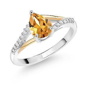 Gem Stone King 925 Silver and 10K Yellow Gold 8X6MM Pear Shape Gemstone Birthstone and White Lab Grown Diamond Engagement Ring For Women | Available In Size 5, 6, 7, 8, 9