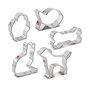 Pet Cookie Cutters 5-Pc. Set Made in the USA by Ann Clark, Paw Print, 4" Bone, Labrador, Curled Cat, Goldfish