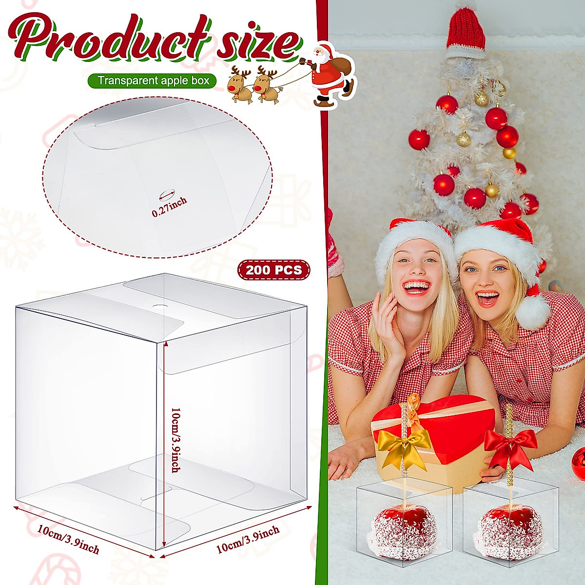 200 Pcs Candy Apple Boxes Clear Apple Boxes with Hole 4 x 4 x 4 Inch Gift Box Transparent Caramel Apple Boxes Plastic Wrapping Containers for Cookies Chocolate Wedding Thanksgiving Autumn Party Favor