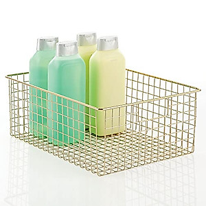 mDesign Metal Wire Bathroom Storage Basket Organizer with Handles - Organize Master/Guest Bathrooms, Linen, Hallway, or Entryway Closets, Bedroom, Laundry Room, Concerto Collection, 4 Pack, Soft Brass