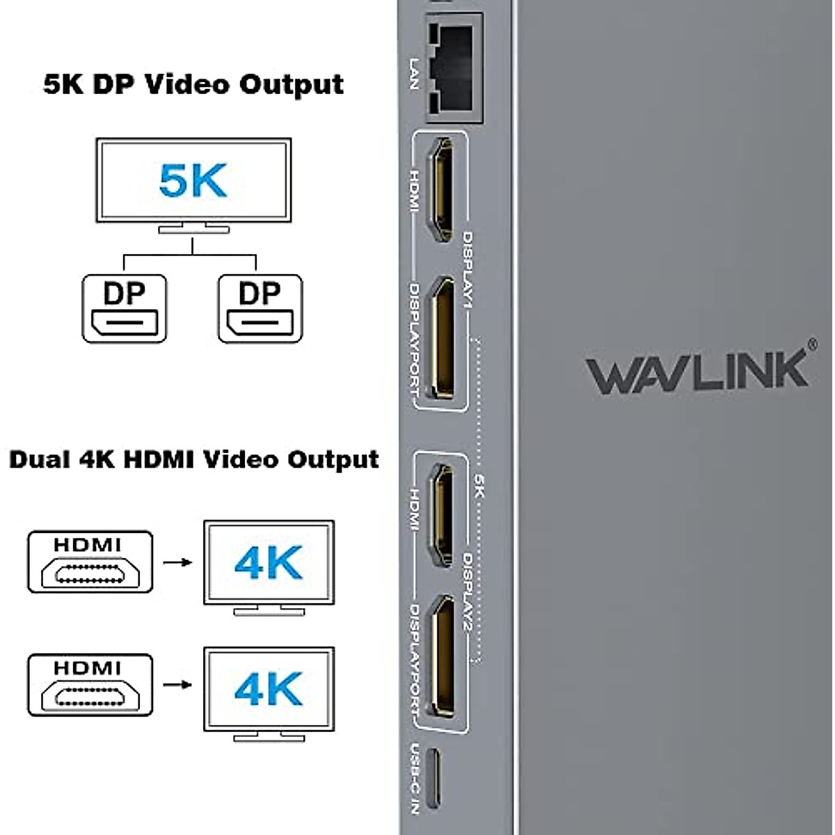 WAVLINK USB3.0 Dual 4K Laptop Docking Station, USB C to Single 5K@60Hz or Dual 4K@60Hz Video Outputs Dual Monitor for Windows (2xDisplayport, 2xHDMI, 6 USB 3.0 Port, LAN, Audio)