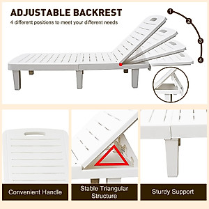 Vilobos White Patio Lounge Chairs Set of 2, Outdoor Chaise Lounge with Tray, Adjustable Backrest, Easy Assembly Waterproof Plastic Pool Chaise Lounge, Lightweight for Poolside, Beach, Patio,Yard