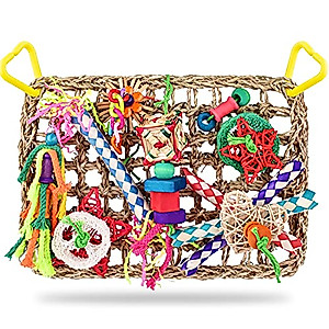 KATUMO Bird Toys, Bird Foraging Wall Toy, Edible Seagrass Woven Climbing Hammock Mat with Colorful Chewing Toys, Suitable for Lovebirds, Finch, Parakeets, Budgerigars, Conure, Cockatiel