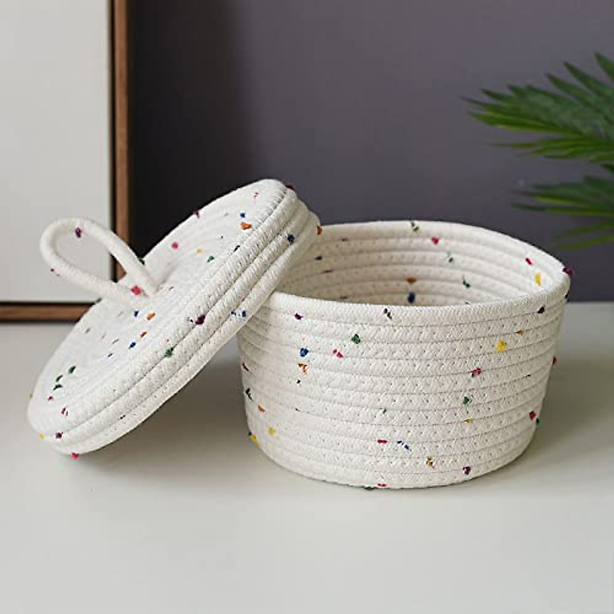 Cotton Rope Storage Basket with Lid, Round Woven Storage Box with Lid, Organizer Baskets Decorative Woven Storage Bin for Nursery, Toy Bin, Clothes, Container for Snacks(22cm)