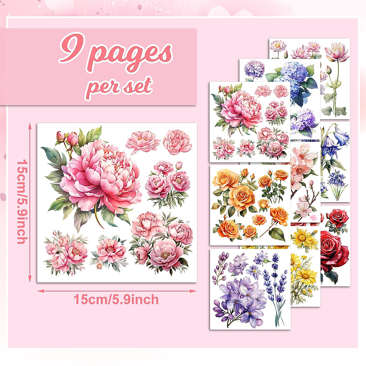 Cysincos Rub on Transfer for Crafts and Furniture,Iron on Transfers Stickers for Wood DIY Craft Supplies (Flowers-9 pcs)