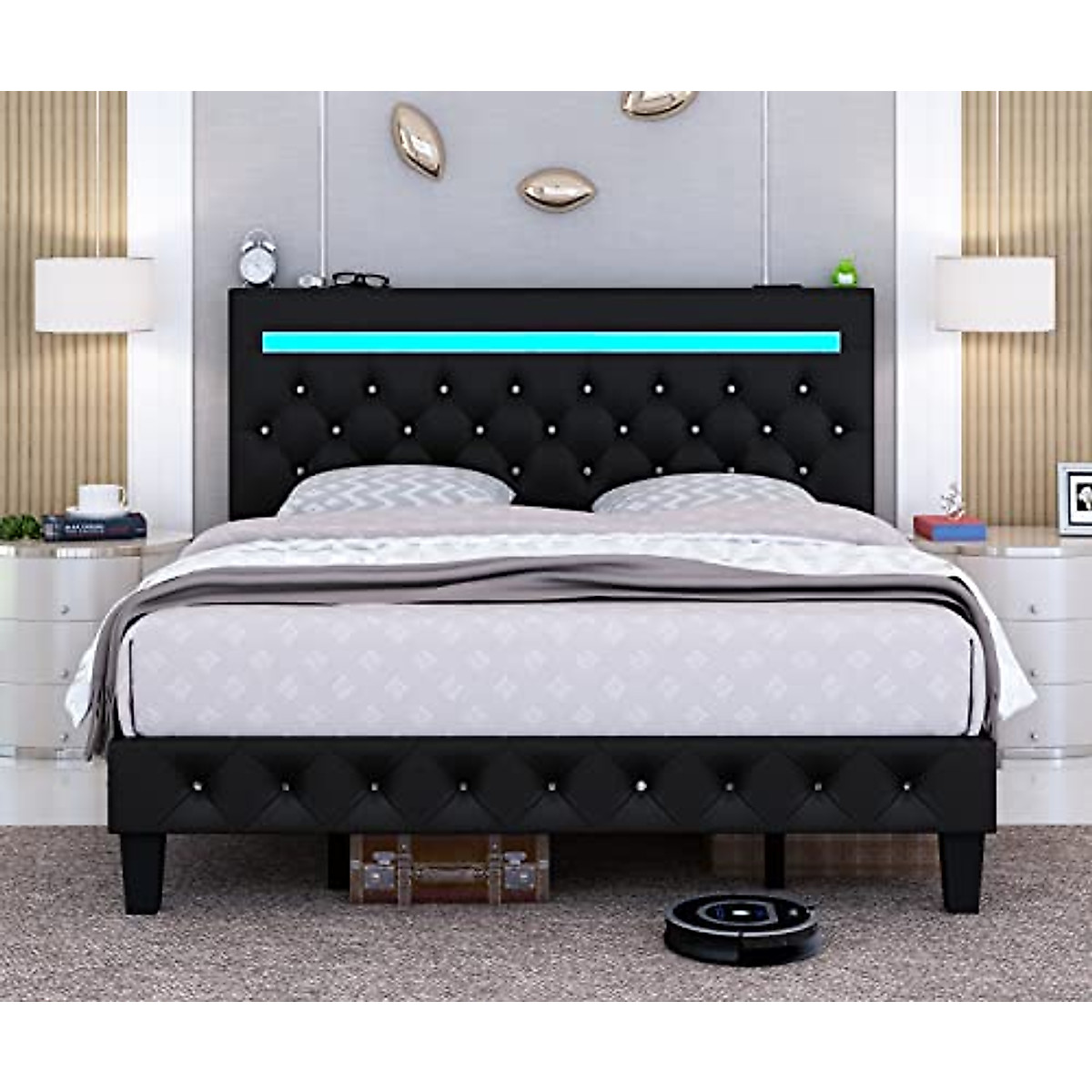 Benevika Queen Size Bed Frame with LED Light Leather Platform Bed Frame with Adjustable Upholstered Headboard, Over 60000 Colors, APP Control LED Lights, No Box Spring Needed, Black