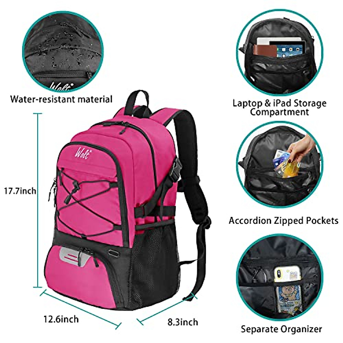 WOLT | Basketball Backpack Large Sports Bag with Separate Ball holder & Shoes compartment, Best for Basketball, Soccer, Volleyball, Swim, Gym, Travel (Pink)