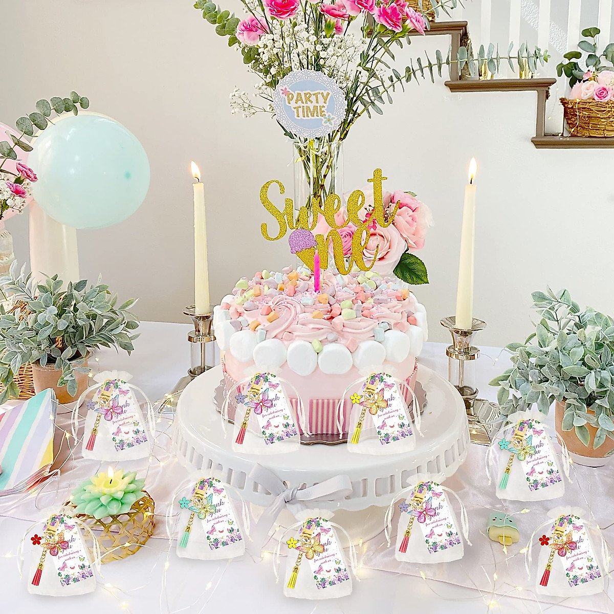 12 Sets Butterfly Party Favors Tassel Keychain Fairy Party Decorations with Laser Butterfly Flower Gauze Bag Thank You Cards for Butterfly Theme Birthday Party Baby Shower Goodie Bag Decor (Butterfly)