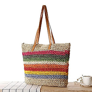 QZUnique Straw Handbags Rainbow Stitching Leather strap Shoulder Bag Women's Summer Beach Natural Casual Tote Bag Messenger Portable Bag