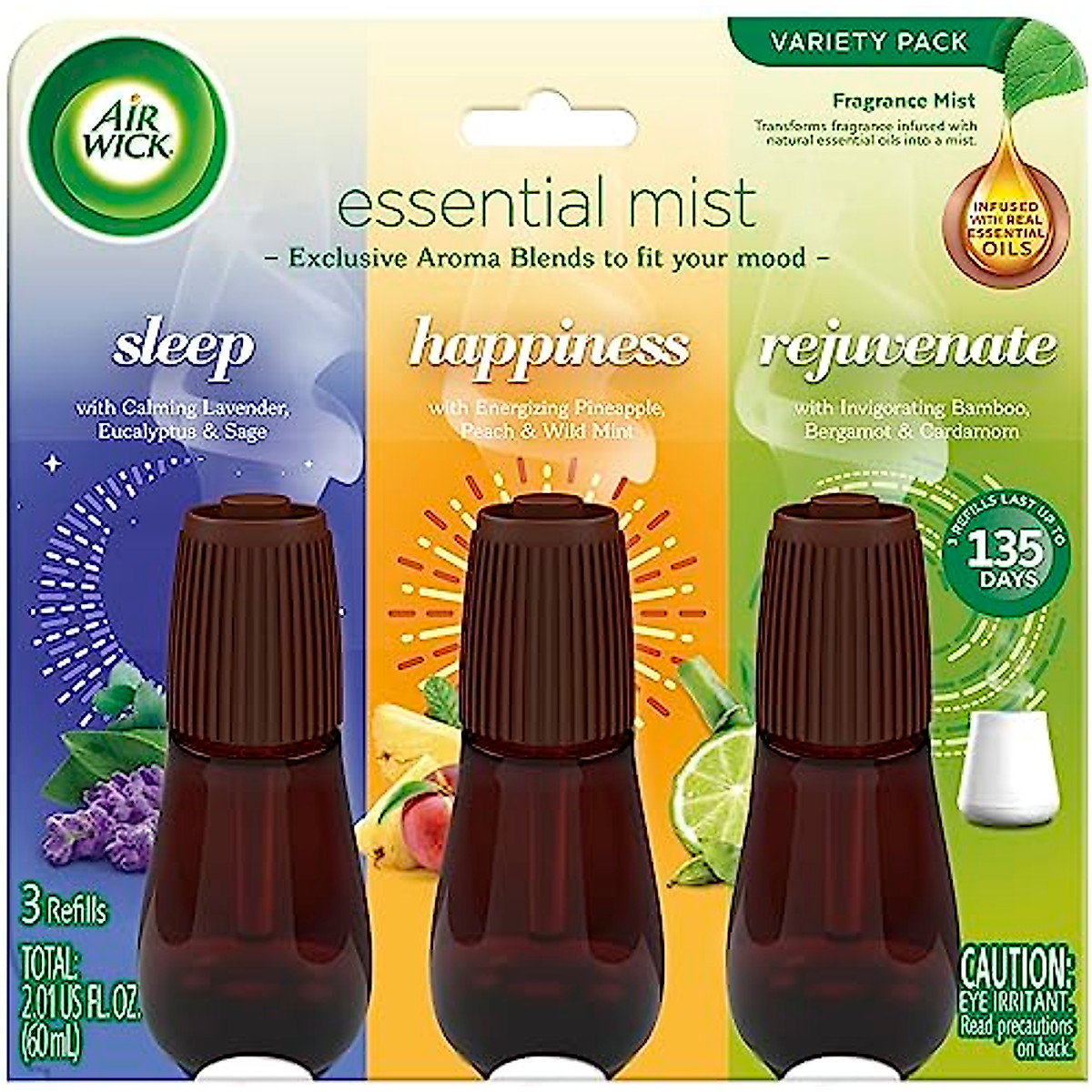 Air Wick Essential Mist Refill, 3 Ct Multipack, Sleep, Happiness, Rejuvenate, Essential Oils Diffuser, Air Freshener