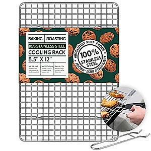 18/8 Stainless Steel, Cooling Rack for Baking with Lifting Handle, 8.5”x 12” Baking Rack, Oven and Dishwasher Safe, Wire Rack for Cooking, Roasting, Grilling, Fits Quarter Sheet Pan