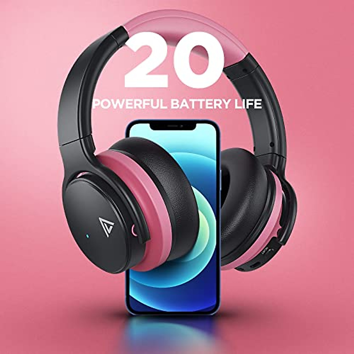 PurelySound E7 Active Noise Cancelling Headphones, Wireless Over Ear Bluetooth Headphones, 20H Playtime, Rich Deep Bass, Comfortable Memory Foam Ear Cups for Travel, Home Office -Pink