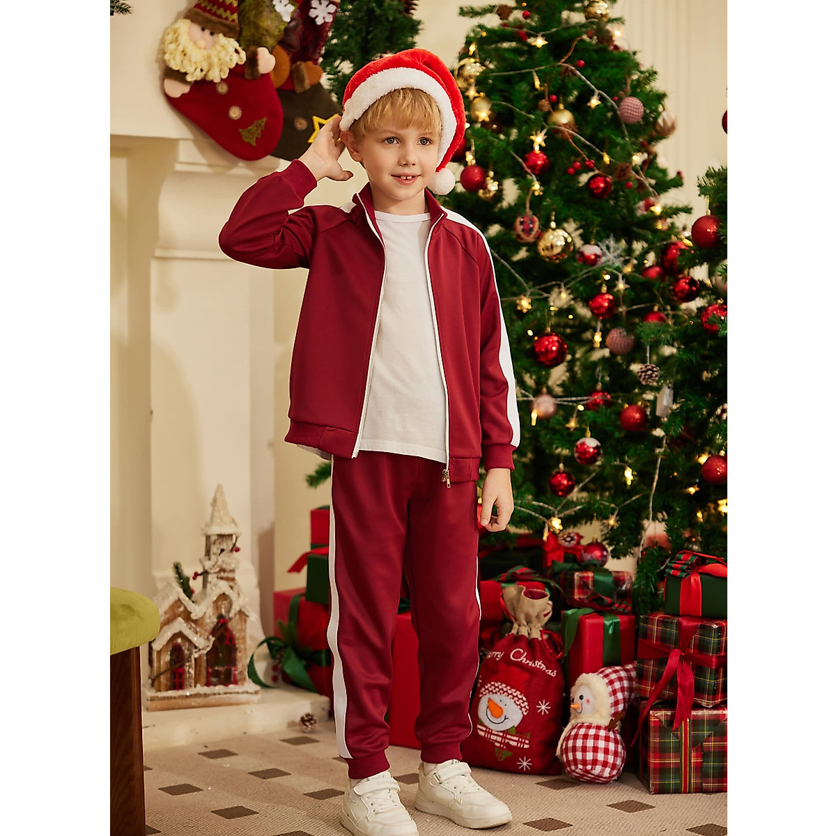 Arshiner Boy's 2 Pieces Full Zip Tracksuits Burgundy Sport Suits Casual Outfits Jacket & Pants Tracksuit Set