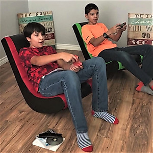 The Crew Furniture Classic Video Rocker Floor Gaming Chair, Kids and Teens, Racing Stripe PU Faux Leather & Polyester Mesh, Black/Green