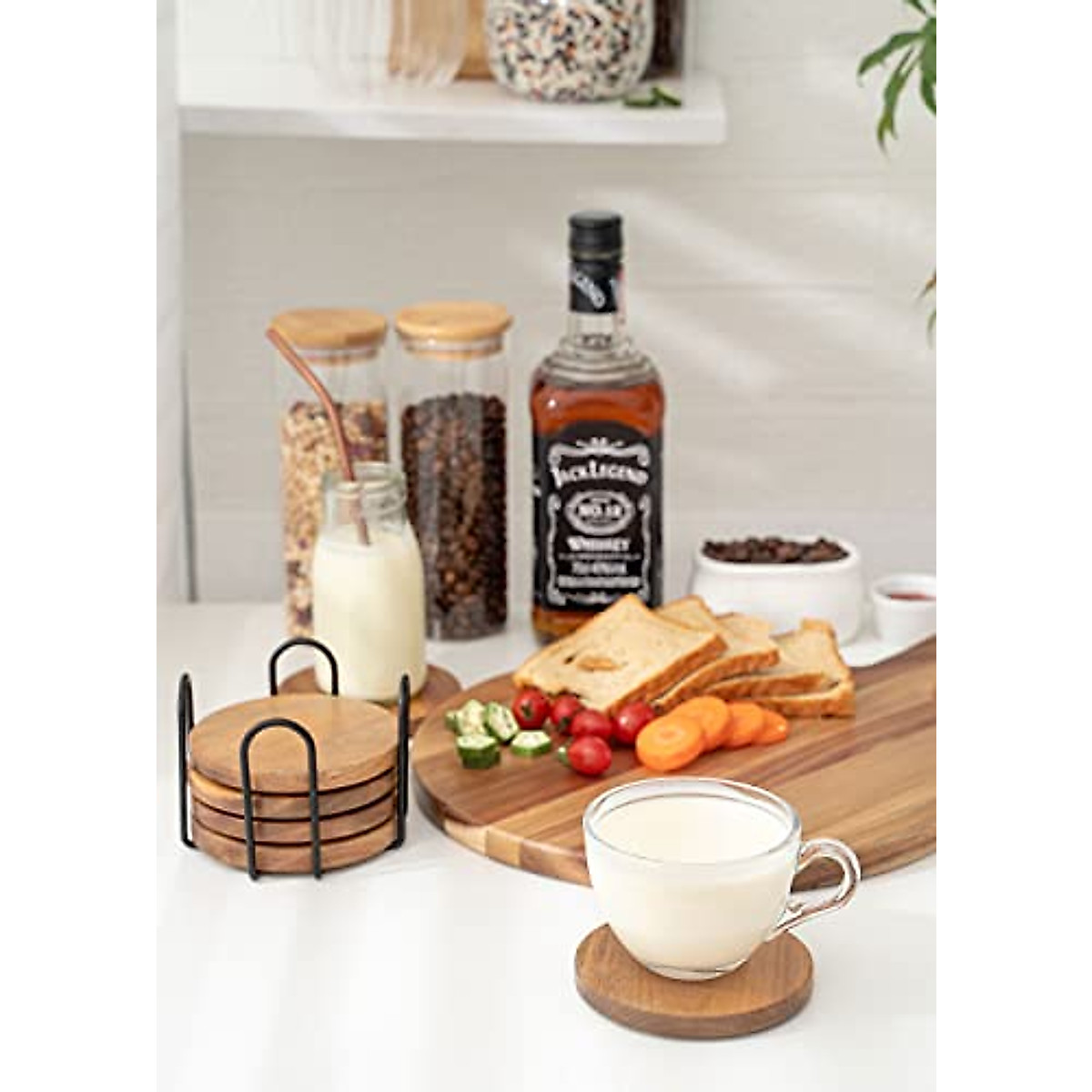 Wood Coasters for Drinks Tabletop Protection with Holder Set of 6, Acacia Wooden Coasters for Coffee Table Desk Round with Non-Slip Pad Cup Coasters for Home Office Christmas Decor 4 Inch