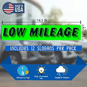 Versa Tags Windshield Slogan Stickers 12 Pack of FINANCING Available Stickers 12 Pack of Low Mileage Slogans 12 Pack of Loaded Window Stickers (36) Dealership Stickers Black On Green