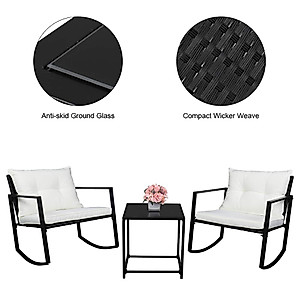 CIPACHO 3 Piece Wicker Patio Furniture Set, Patio Bistro Set with Glass Table & Cushions, Outdoor Rocking Chairs, Rattan Conversation Set for Backyard Porch Poolside Lawn, Black