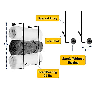 2 Set Towel Rack Holder, Wall Mounted Metal Towel Shelf with Hooks, Minimalist Design Storage Organizer for Towels, Washcloths, Hand Towels, Linens, Yoga Mat, Ideal for Bathroom, Spa, Salon Black
