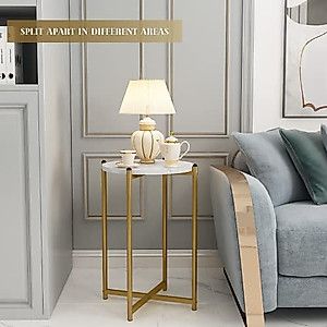 AWQM Faux Marble Coffee Table Set of 3, 1 Coffee Table & 2 Sofa Table, Round Tabletop and Metal Cross Base Frame,Perfect for Living Room Apartment, White & Gold