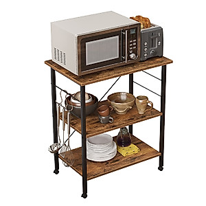 soges 3-Tier Kitchen Baker's Rack Utility Microwave Cart Storage Shelf Spice Organizer Workstation with 10 Hooks, Rustic Brown KS-LD-007