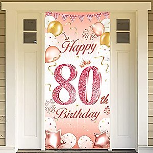 DPKOW Rose Gold 80th Birthday Party Decoration for Woman, Rose Gold 80th Birthday Banner for Backdrop Door Decoration,80th Birthday Background Banner for Garden Wall Decoration, 185 x 90cm Fabric