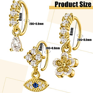 Bonuci 15 Pcs Dangle Nose Rings Hoops Heart Dangle Nose Rings Cartilage Earring Dangling Nose Piercing Jewelry for Women (Gold)