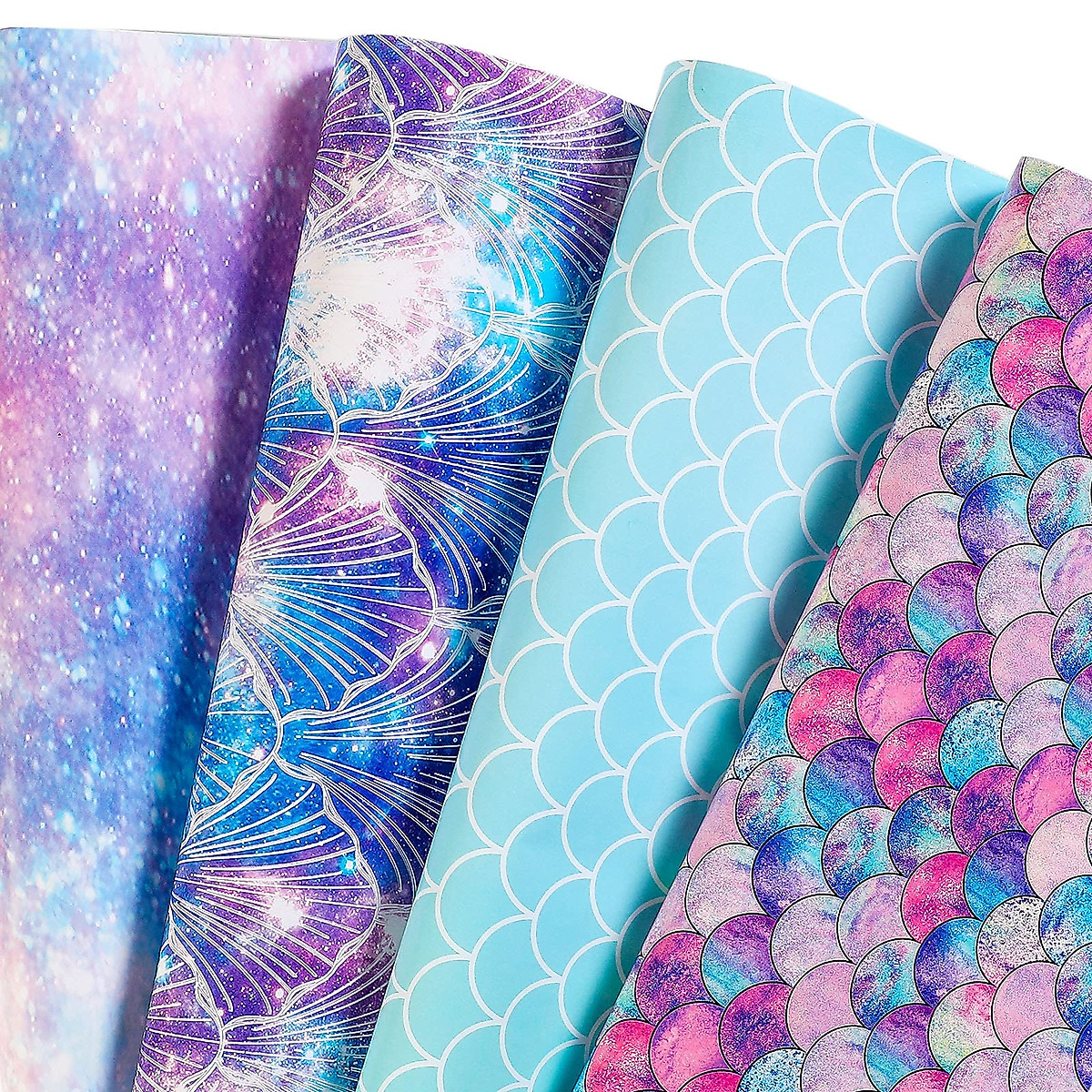 U'COVER Birthday Wrapping Paper for Girls Boys Kids Baby Shower Women Men Mermaid Scale Scallop Galaxy 12 Folded Sheet 4 Style Pattern Gift Wrapping Paper for Wedding Graduation Anniversary 20×29inch