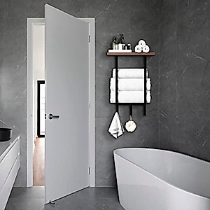 ZUJJAFY Towel Racks for Bathroom Wall Mounted Towel Rack with Wooden Shelf & 3 Hooks, Towel Holder for Small Bathroom Wall Decor, Bath Towel Storage for Rolled Towels Organizer, Matte Black