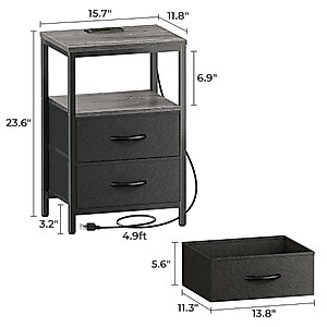 Huuger Nightstand with Charging Station, Side Table with Fabric Drawers, End Table with Open Shelf, Bedside Table with USB Ports and Outlets, Night Stand for Bedroom, Charcoal Gray