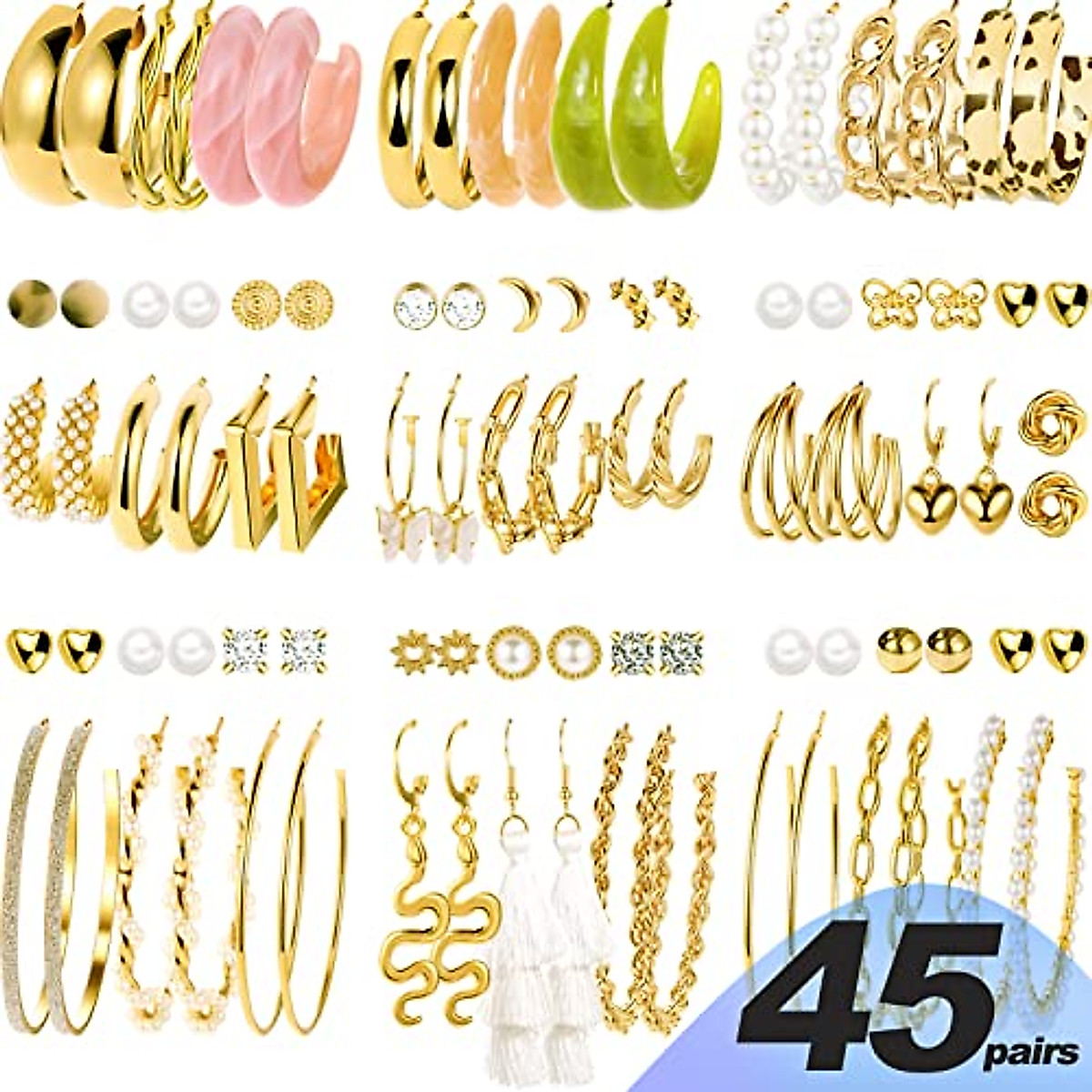 45 Pairs Gold Hoop Earrings for Women, Chunky Twisted Small Big Hoops Earring Packs Set, Earrings for women multipack, Fashion Trendy Earrings Jewelry for Birthday Party Christmas Gift