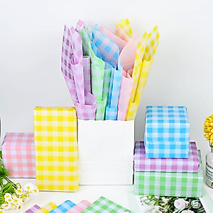 Bolsome 50 Sheets Spring Pastel Tissue Paper Buffalo Plaid Wrapping Paper Pink Yellow Blue Green Purple Gift Tissue Paper for Home DIY Gift Bags Spring Easter Birthday Decoration, 20 x 30inch