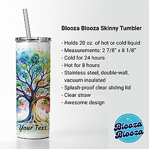 Personalized Custom Name Text Tree Of Life Rainbow Watercolor Skinny Tumbler 20oz with Straw Insulated Water Bottle Gift - 1 Line Horizontal
