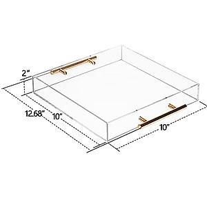 YestBuy Clear Serving Tray with Gold Handles-Spill Proof-Acrylic Tray Organizer for Kitchen,Bathroom,Food- Decorative Tray-10x10