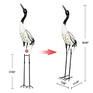 chisheen Garden Crane Statues Outdoor Heron Red Crowned Crane Metal Yard Art Sculpture,Set of 2