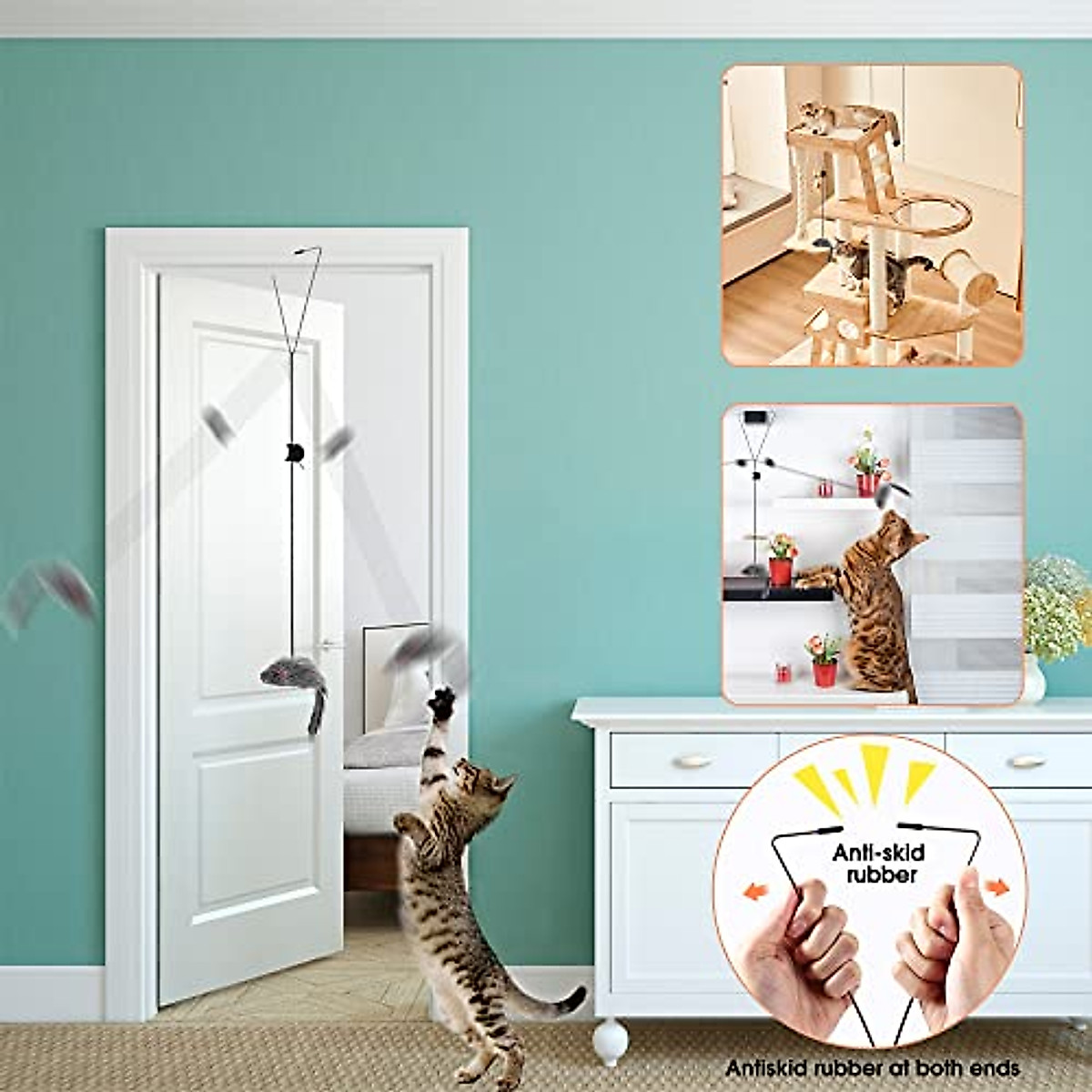 FYNIGO Self-Play 3 Ways Hanging Door Cat Mouse Toys for Indoor Cats Kitten,Interactive Cat Mice Toys for Hunting Exercising Eliminating Boredom, for Small Breeds