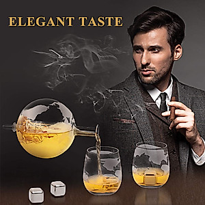 Whiskey Decanter Set, Etched World Globe, Crafted Glass Sailing Shipe, 1000ml Capacity, Ice Tongs, Whiskey Stones, Home Bar Liquor Decoration, Alcohol Gifts for Father& Husband